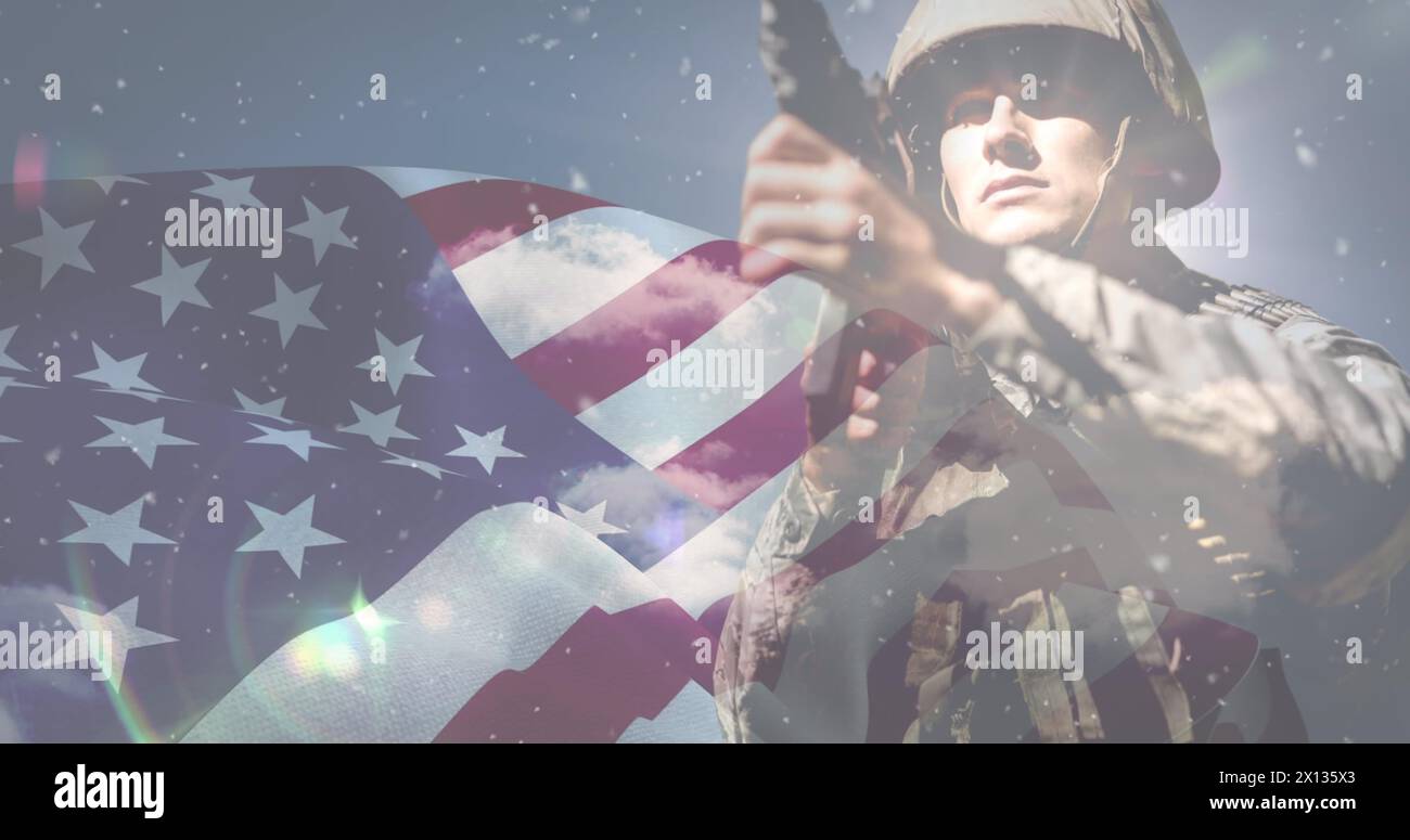 Image of snow falling over caucasian male soldier and flag of usa Stock ...