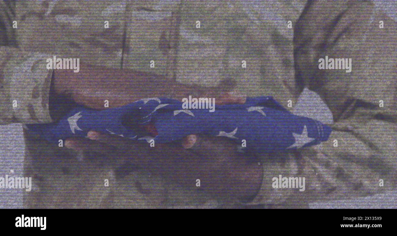 Image of interference over african american male soldier holding flag ...