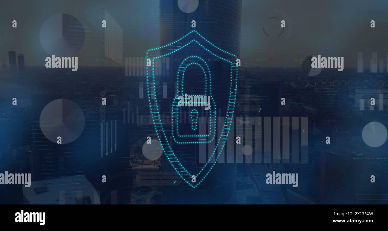 Image of security padlock icon and screens with data processing over ...