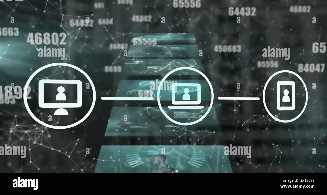 Image of network of digital icons and changing numbers over screens with data processing Stock ...