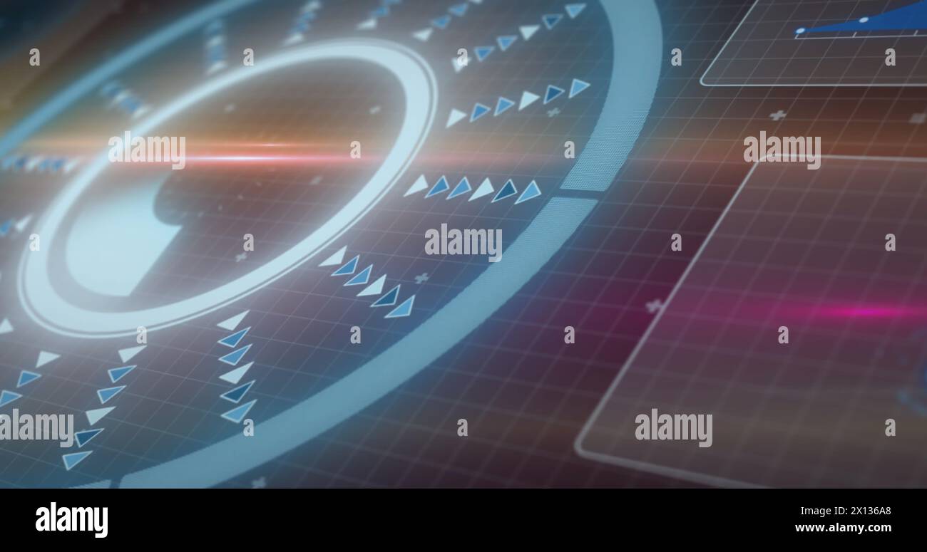 Image of data processing over light trails on purple background Stock ...