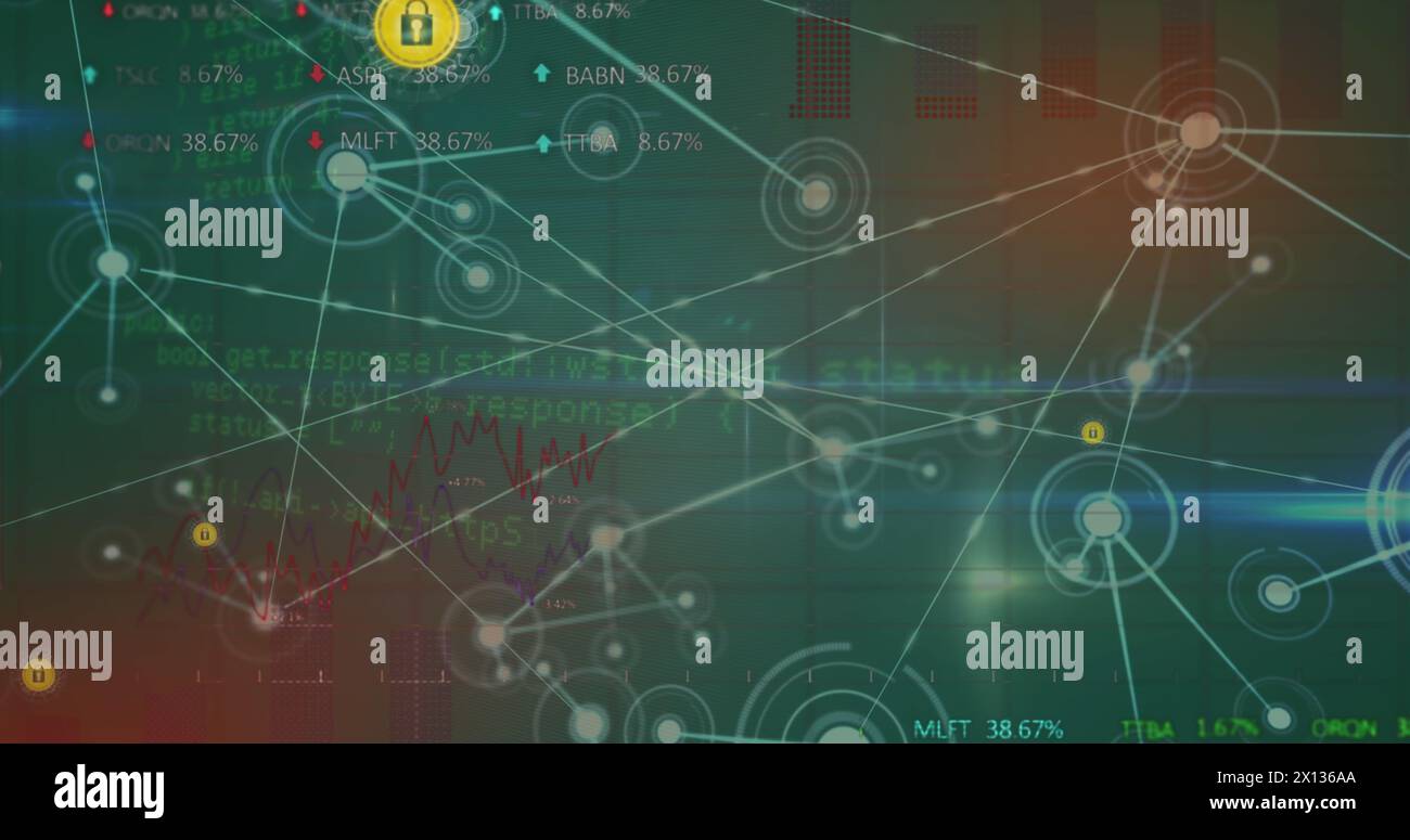 Image of padlock icon over network of connections and data processing ...