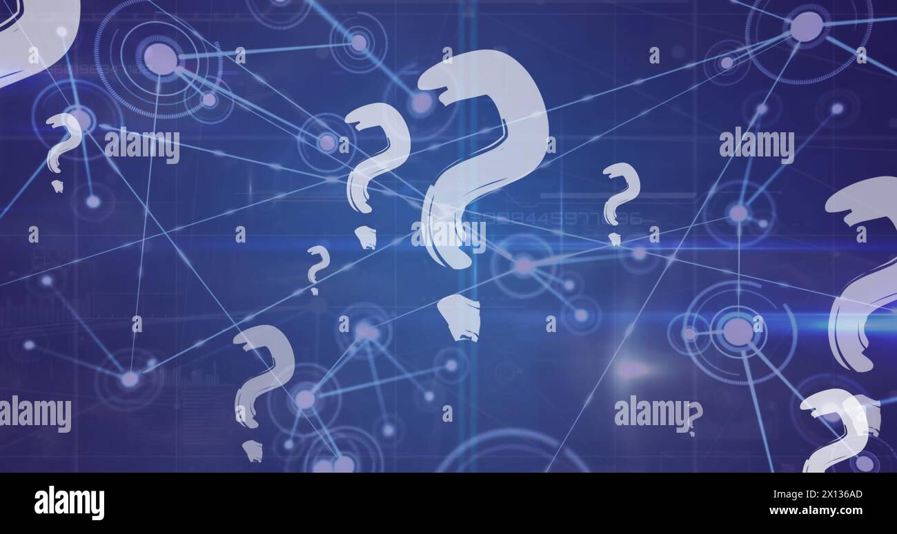 Image of question marks over network of connections on blue background ...