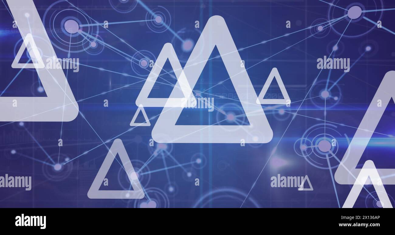 Image of triangles over network of connections on blue background Stock ...
