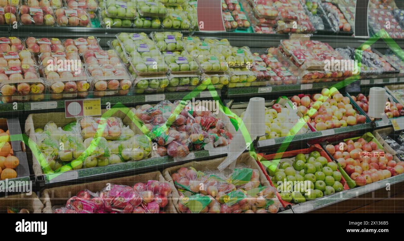 Image of financial data and graphs over vegetables and fruits in market ...