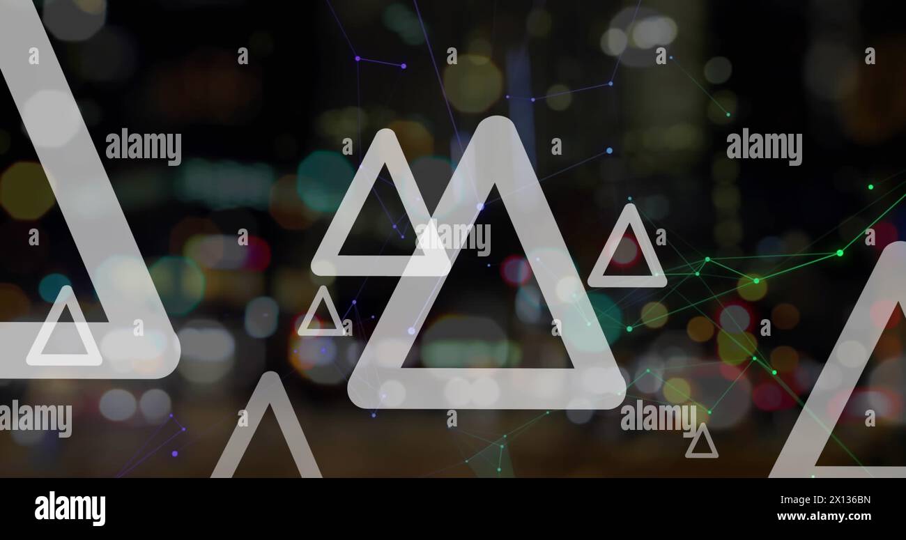 Image of triangles over network of connections and spots on black ...