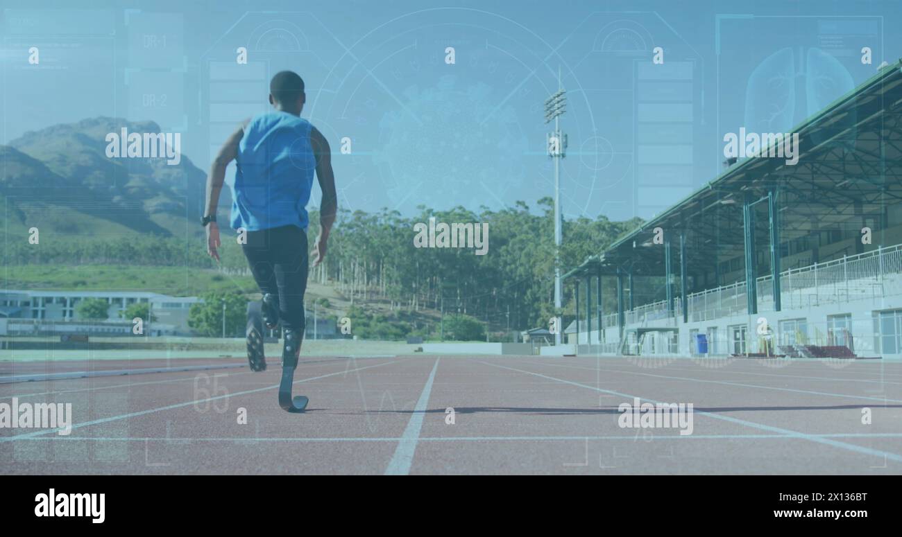 Image of digital screen over african american man with running blade ...