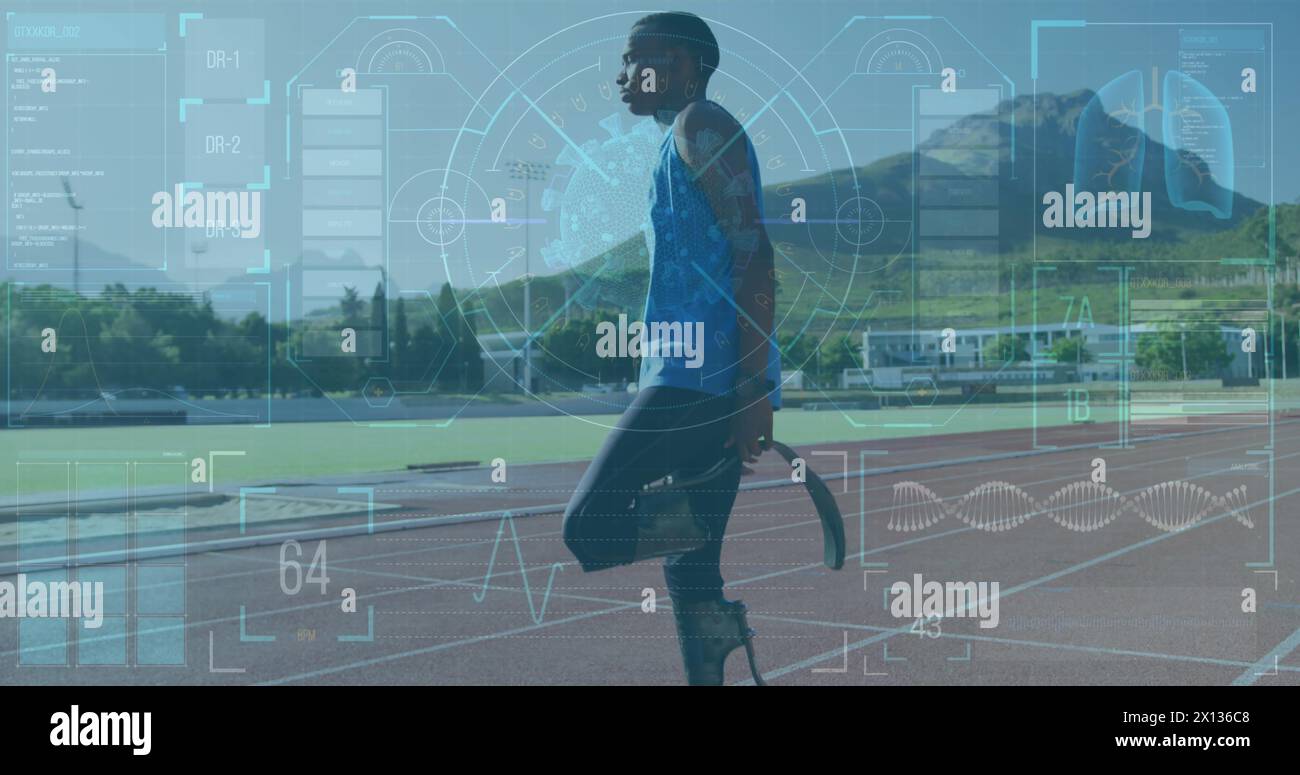 Image of digital screen over african american man with running blade ...