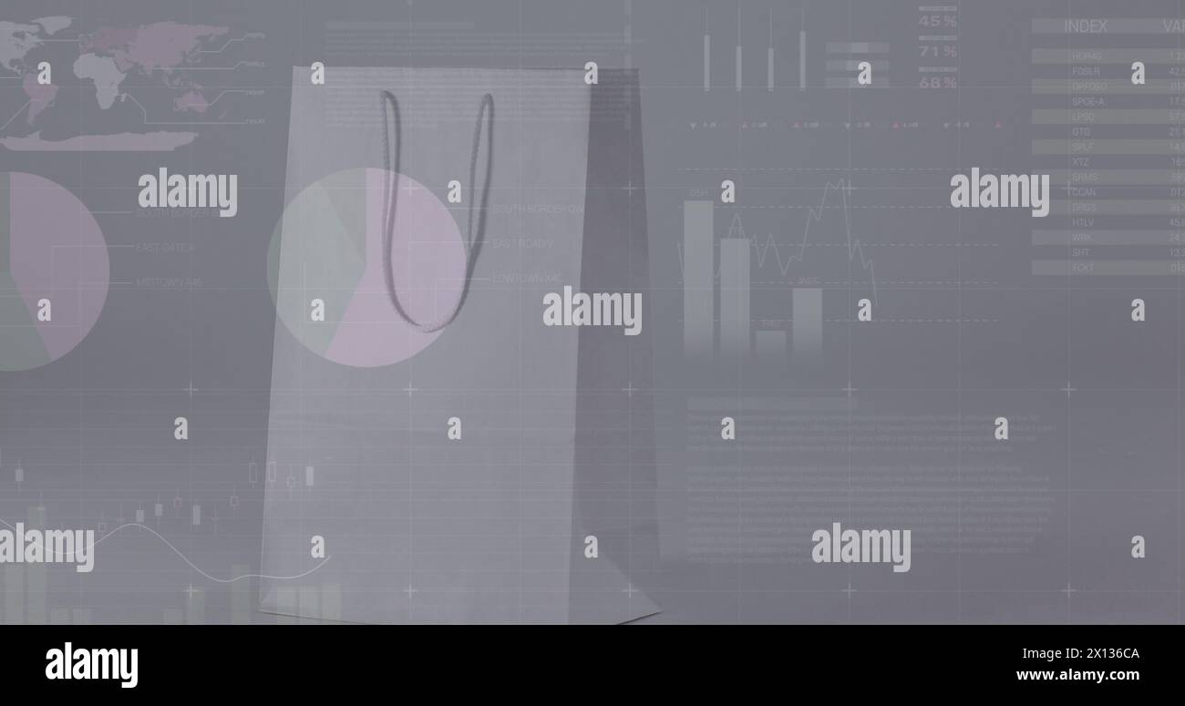 Image of financial data and graphs over paper shopping bag Stock Photo ...