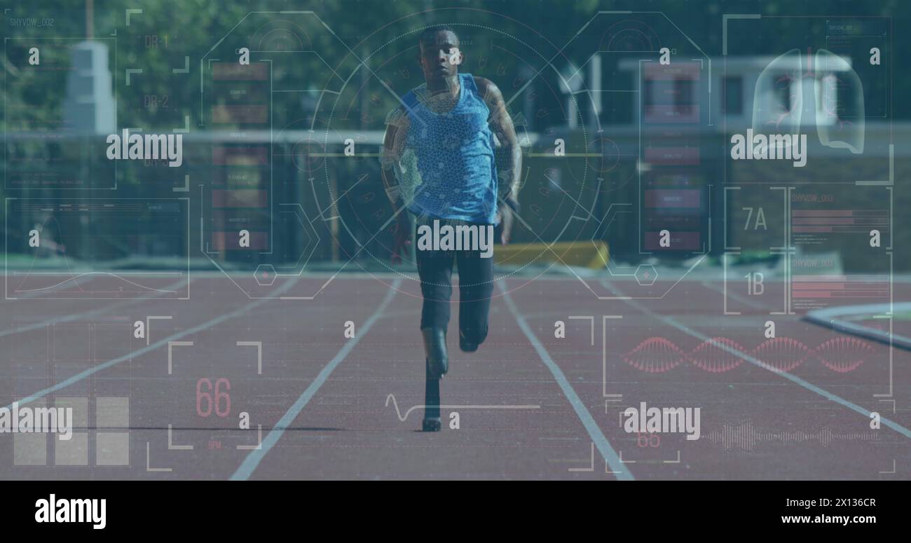 Image of digital screen over african american man with running blade ...