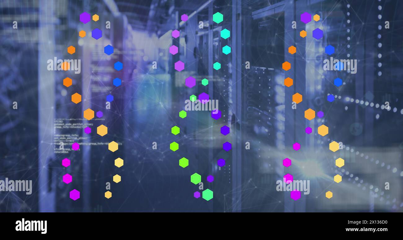 Image of data processing over dna strands and server room Stock Photo ...