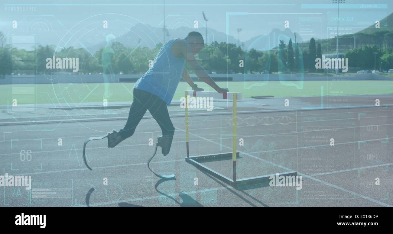 Image of digital screen over african american man with running blade ...