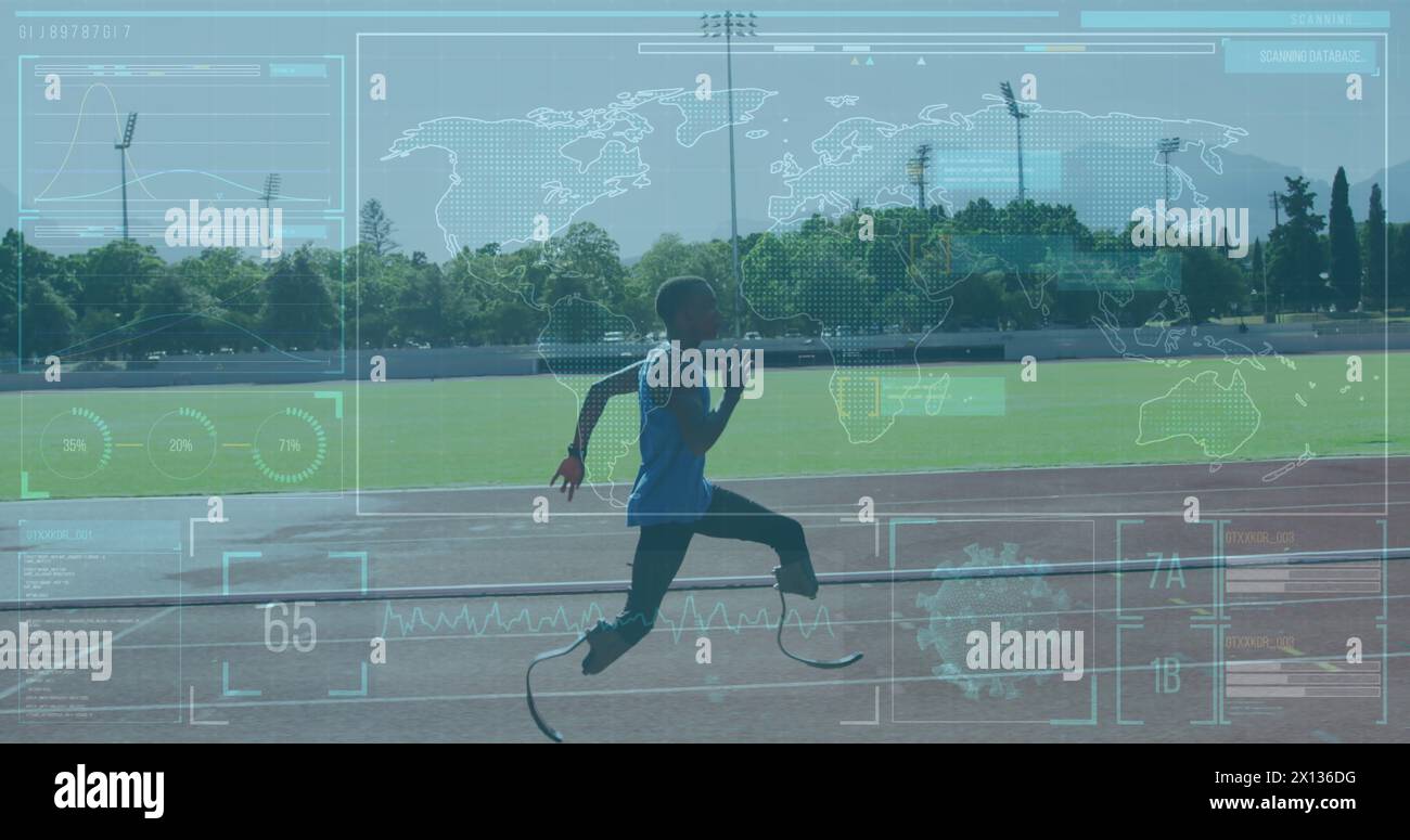 Image of digital screen over african american man with running blade ...