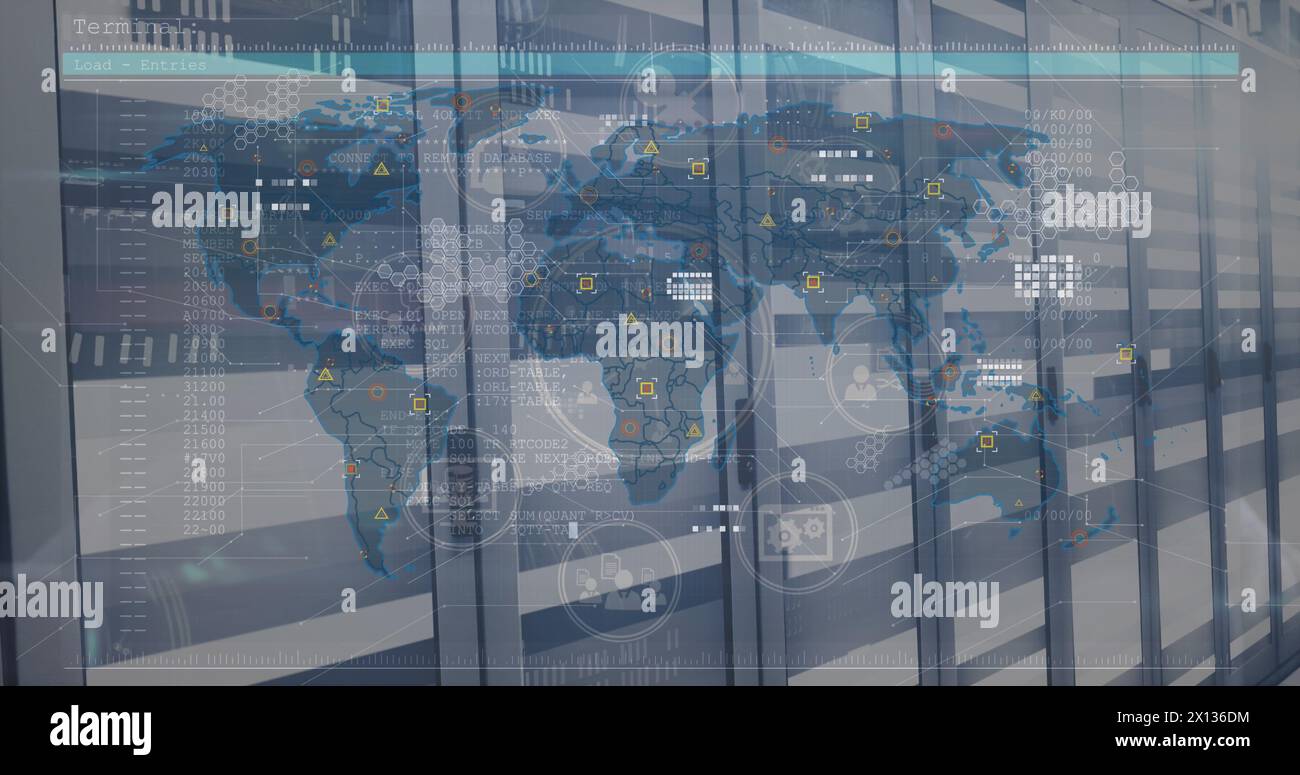 Image of icons in circles and geometric shapes over map against server room Stock Photo - Alamy