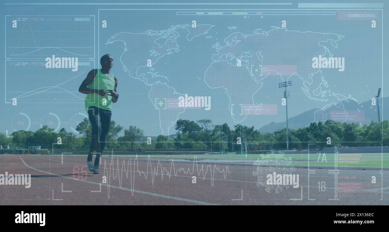 Image of digital screen over african american man with running blade ...