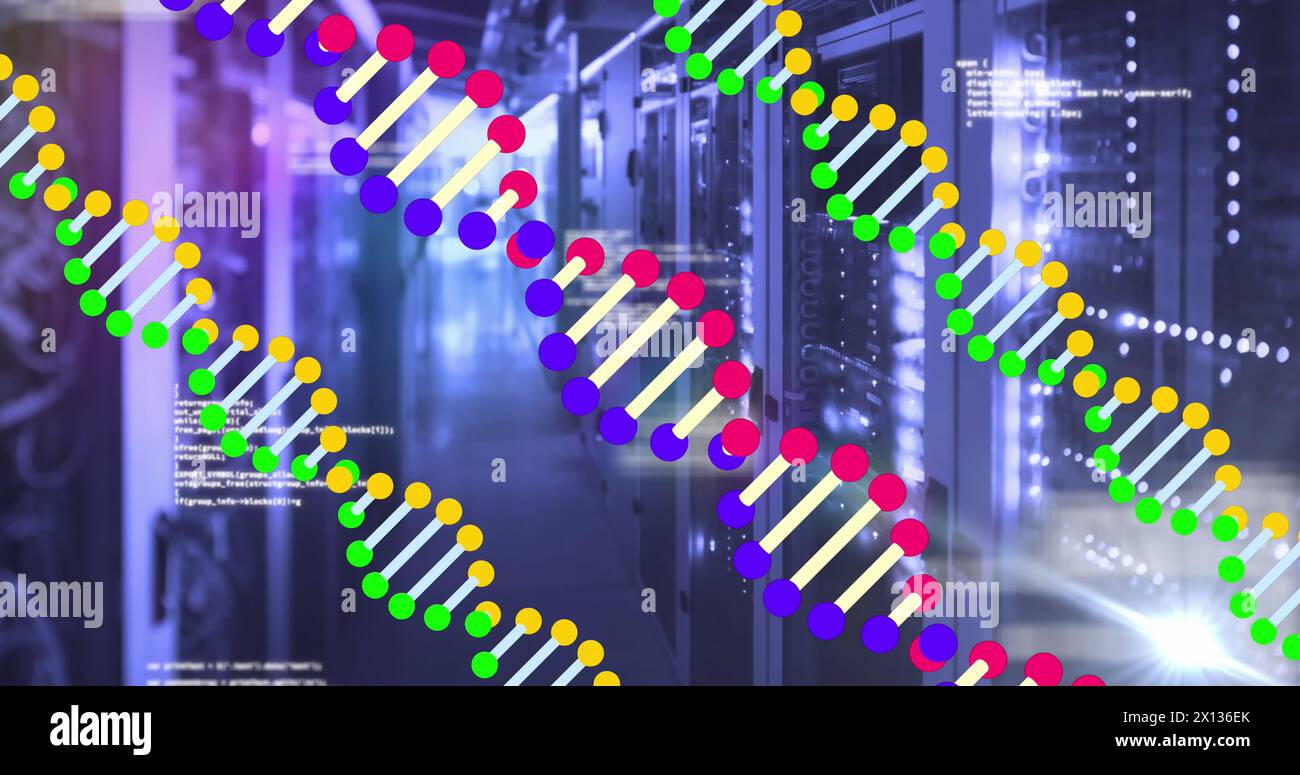 Image of dna strands spinning and data processing over computer servers Stock Photo - Alamy