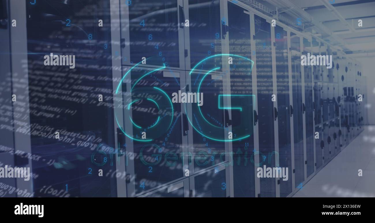 Image of 6g text, numbers, programming language over server room Stock Photo - Alamy