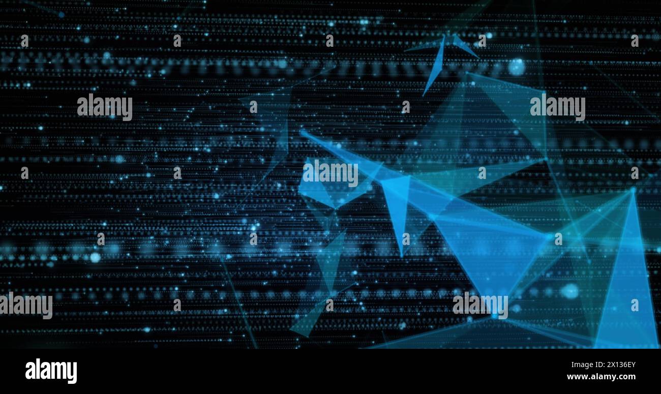 Image of dots connected and forming geometric shapes and flying over black background Stock ...