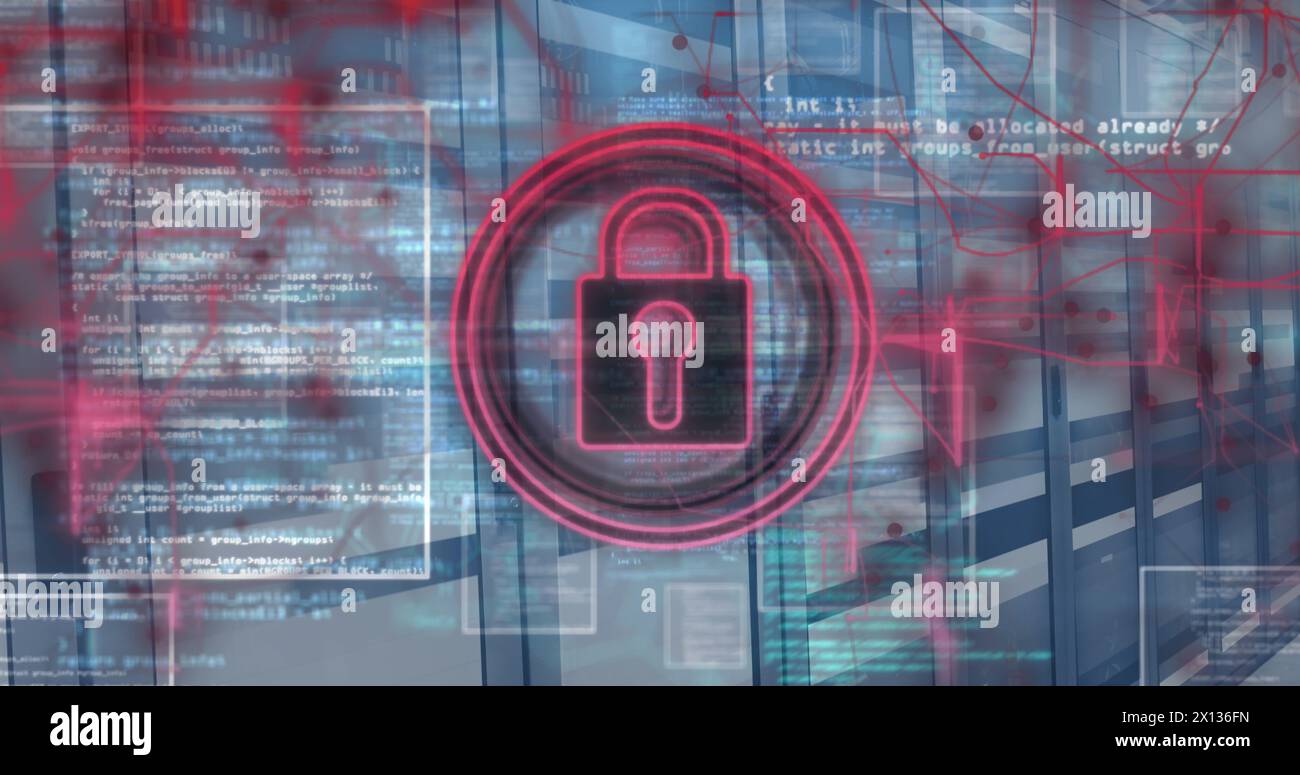 Image of padlock in circle over programming language in squares against ...