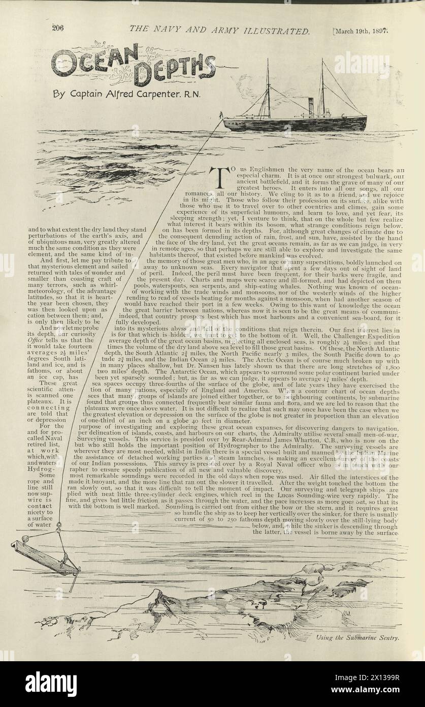 Vintage illustration Ocean survey ship researching the depths of the ...