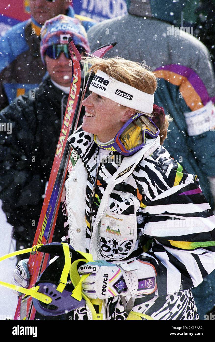 Austrian skier Elfie Eder after the slalom at the Alpine Ski Championship 1993 in Morioka in ...