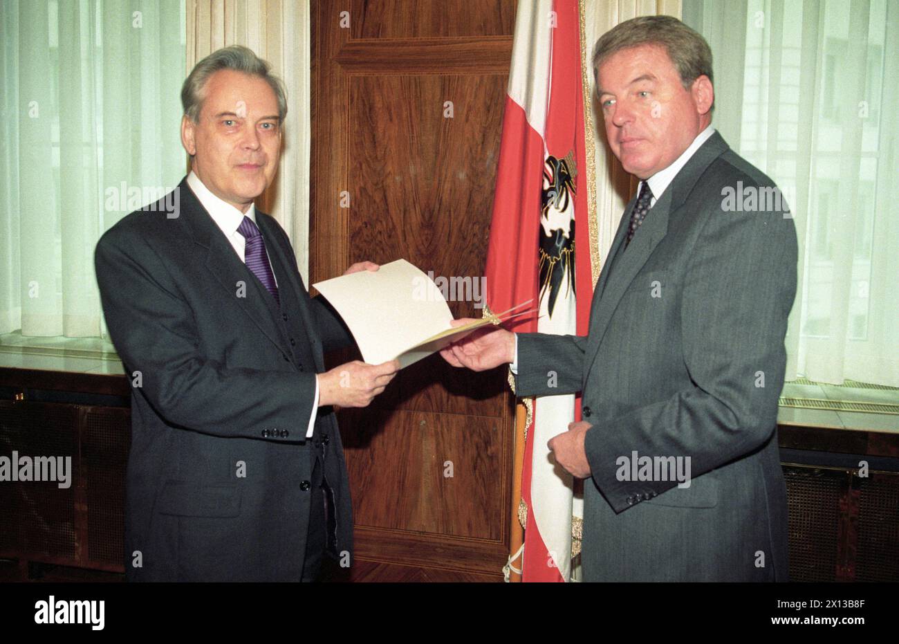 Austrian Federal Chancellor Franz Vranitzky hands out the appointment ...