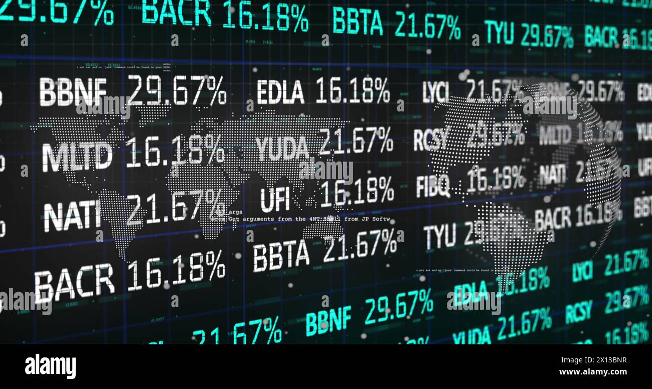 Image of stock market data processing over world map and spinning globe ...