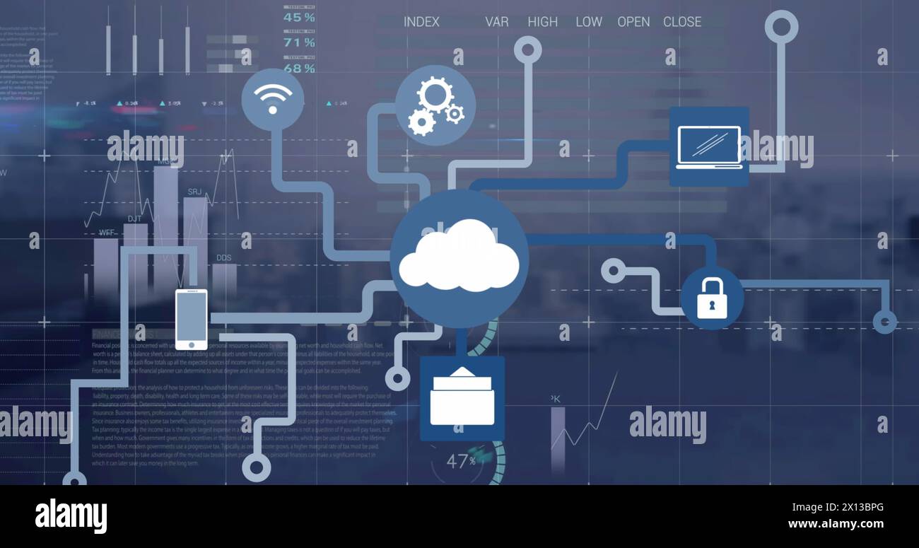 Image of network of connections with icons, computer data processing ...