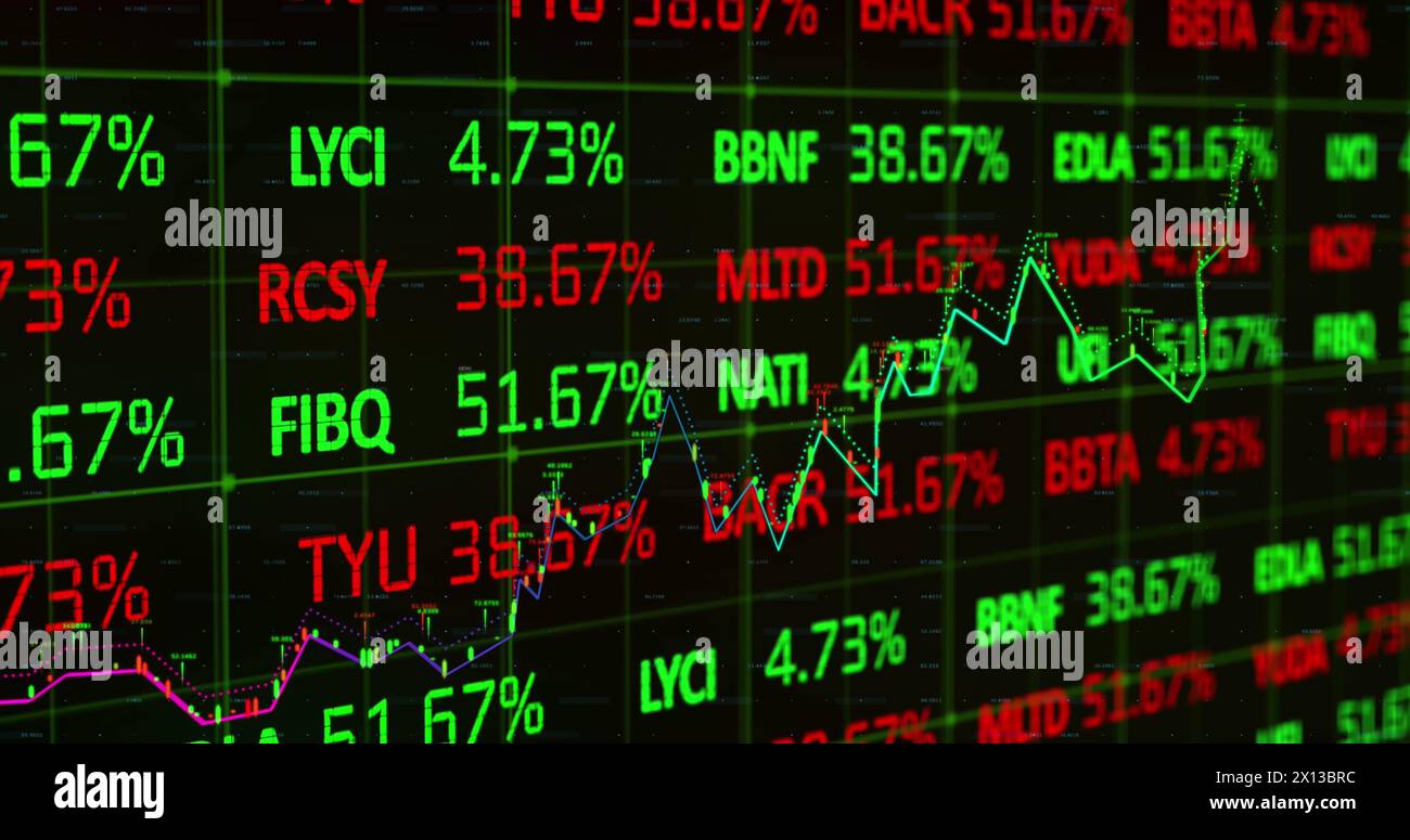Red and green stock market data rolling and processing over a grid ...