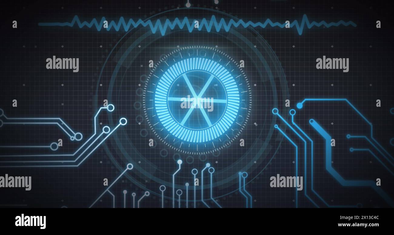 Image of soundwave, circuit board pattern and rotating abstract pattern ...