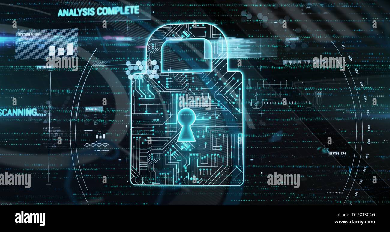 Image of multiple texts, graph and circuit board pattern in padlock ... Image of multiple texts, graph and circuit board pattern in padlock ...