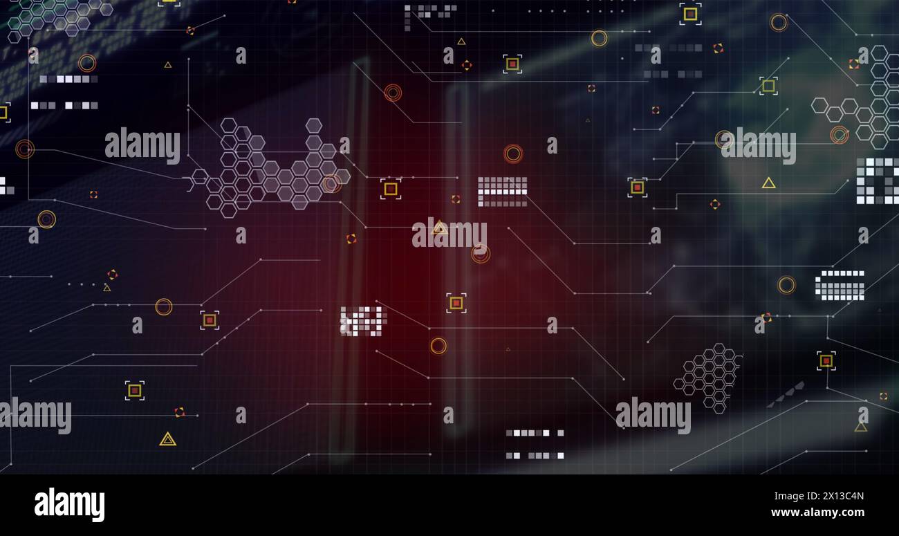 Image of hexagons pattern and geometric shapes over connected dots ...