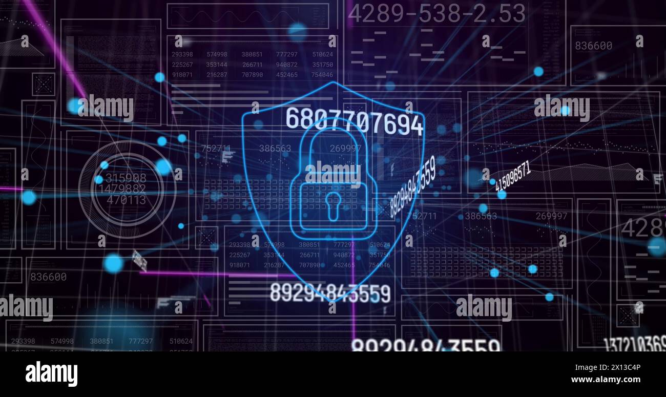 Image of lock and shield with changing numbers over hud interface ...