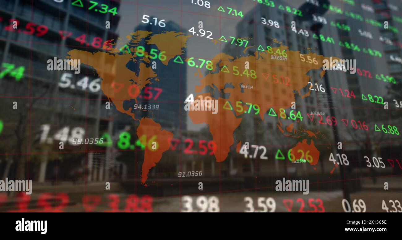 Image of stock market data processing over world map against tall ...
