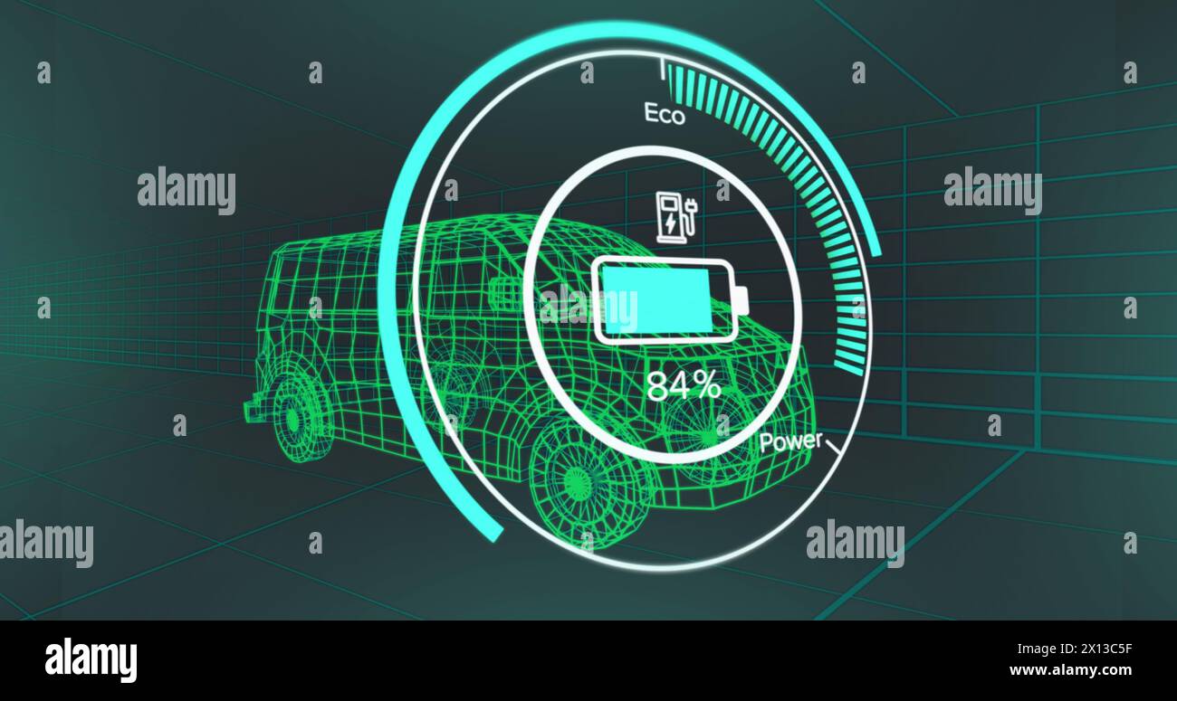 Image of digital car interface and data processing over 3d model of car ...