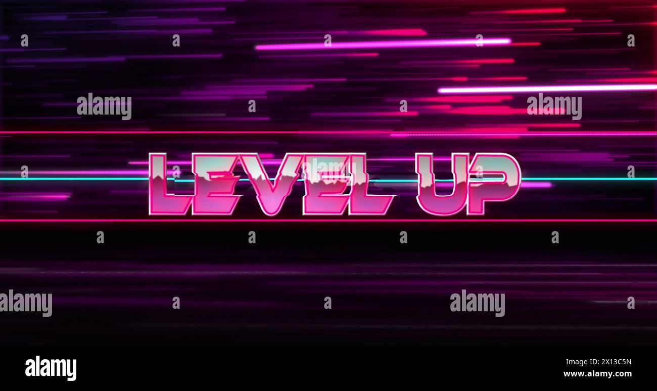 Image of level up text over light trails on black background Stock ...