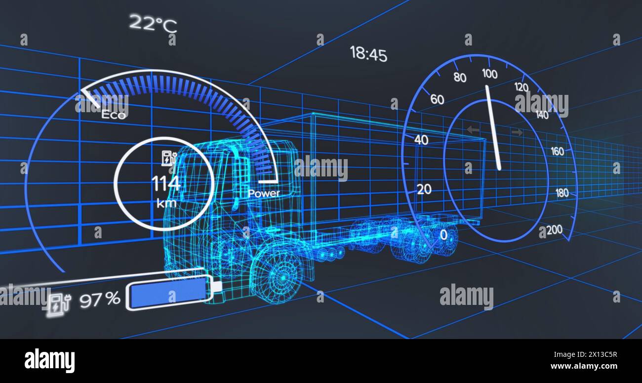 Image of digital car interface and data processing over 3d model of car ...