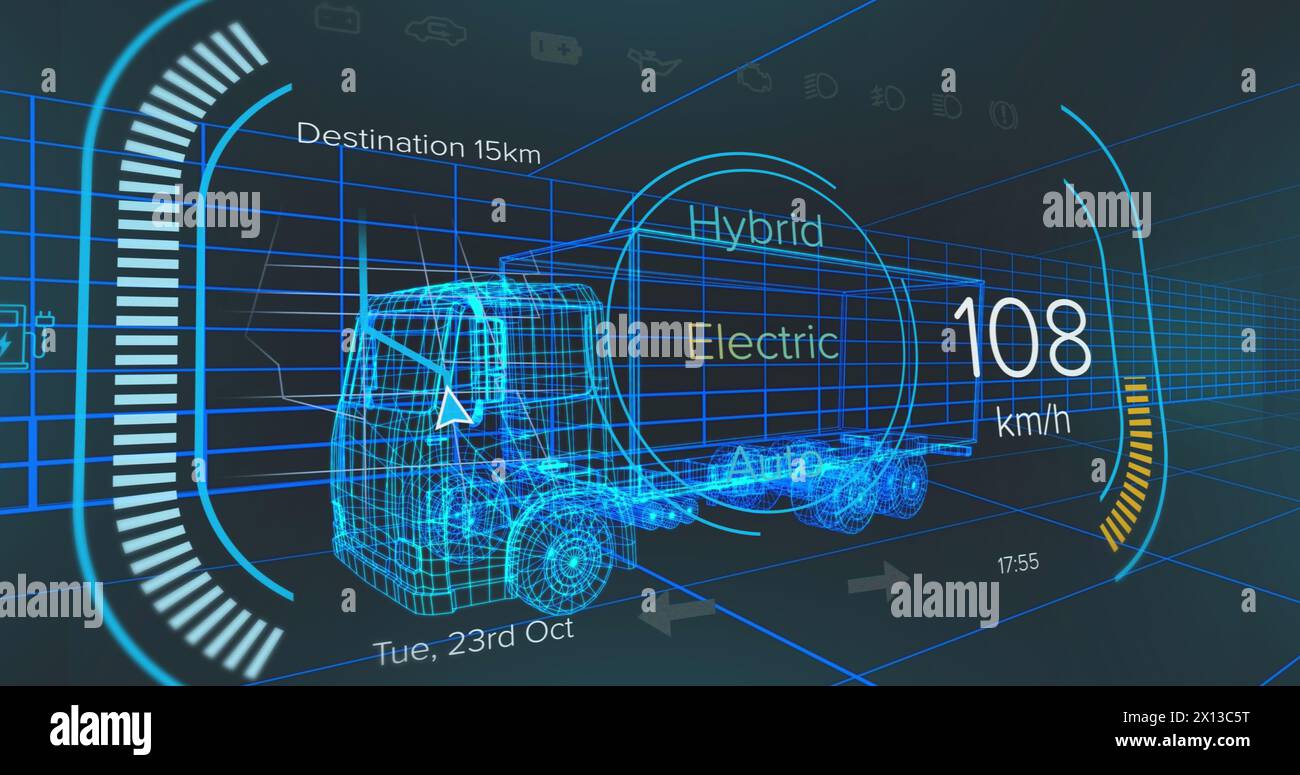 Image of digital car interface and data processing over 3d model of car ...