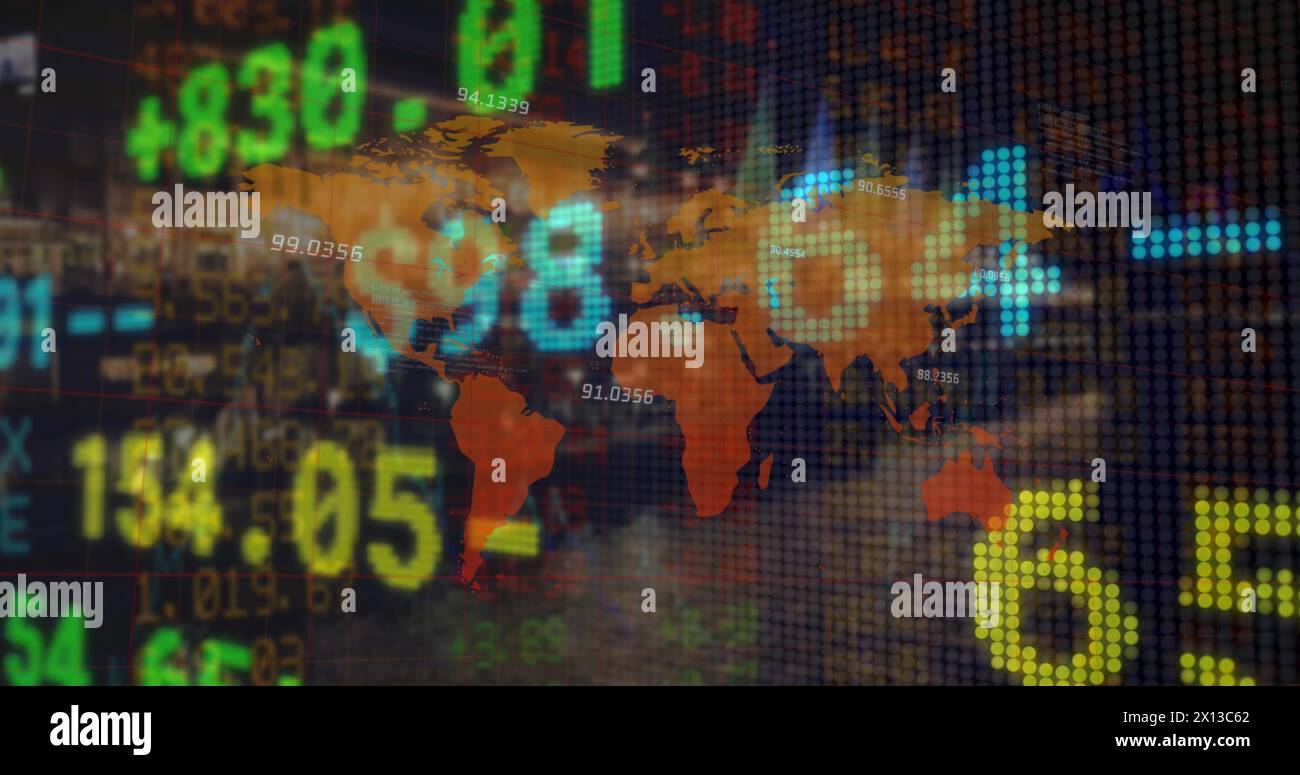 Image of stock market data processing and numbers floating over world ...