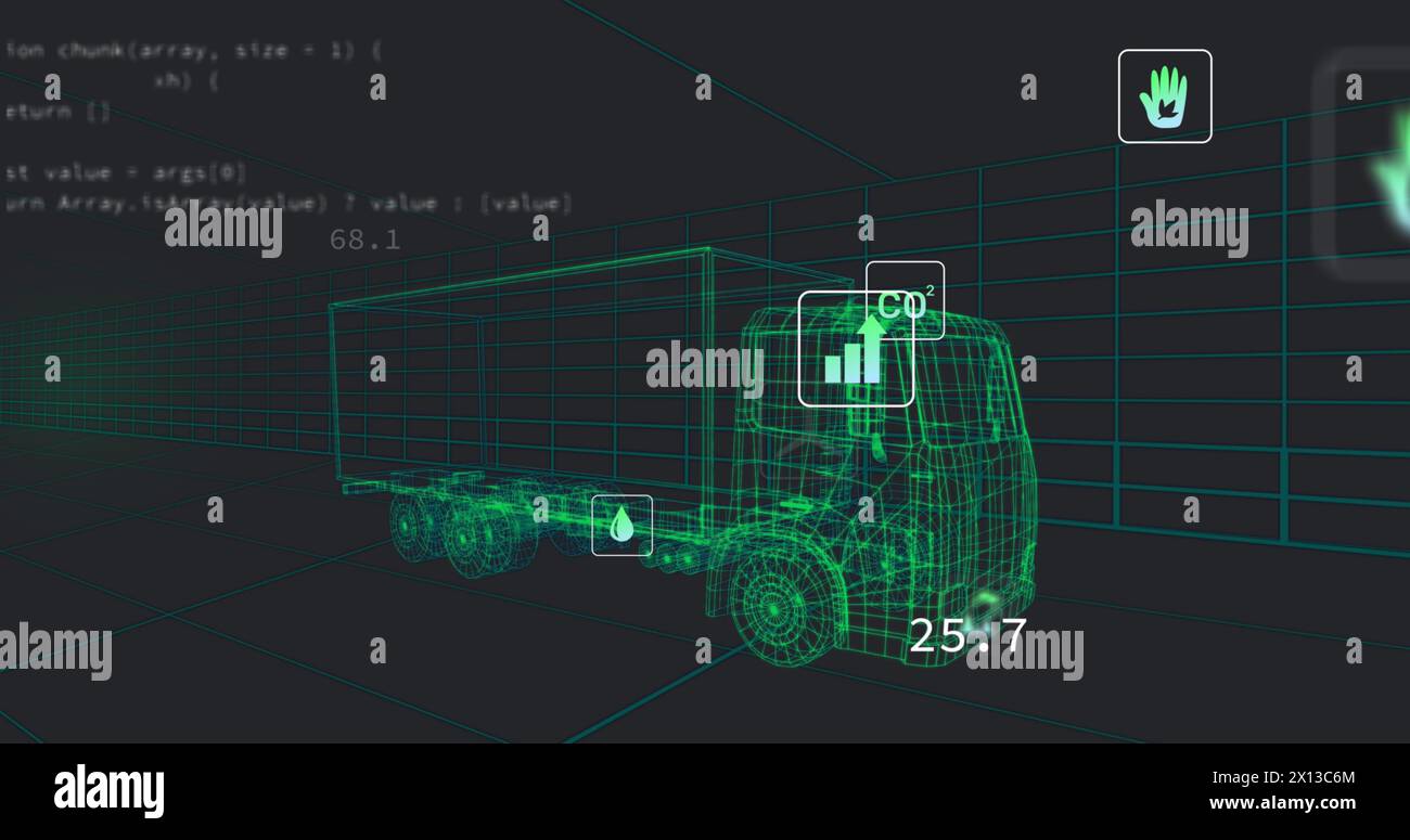 Image of digital car interface and data processing over 3d model of car ...
