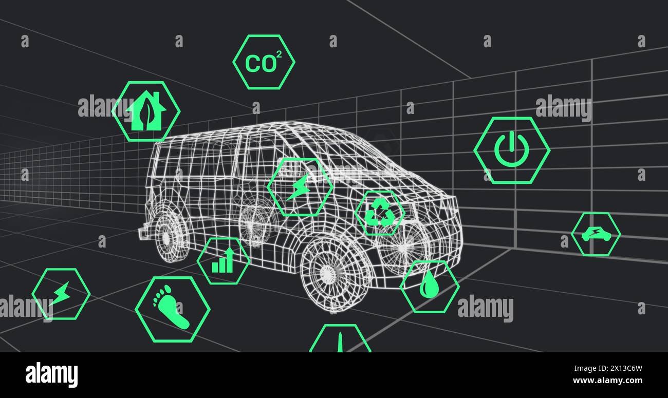 Image of digital car interface and eco icons over 3d model of car Stock ...