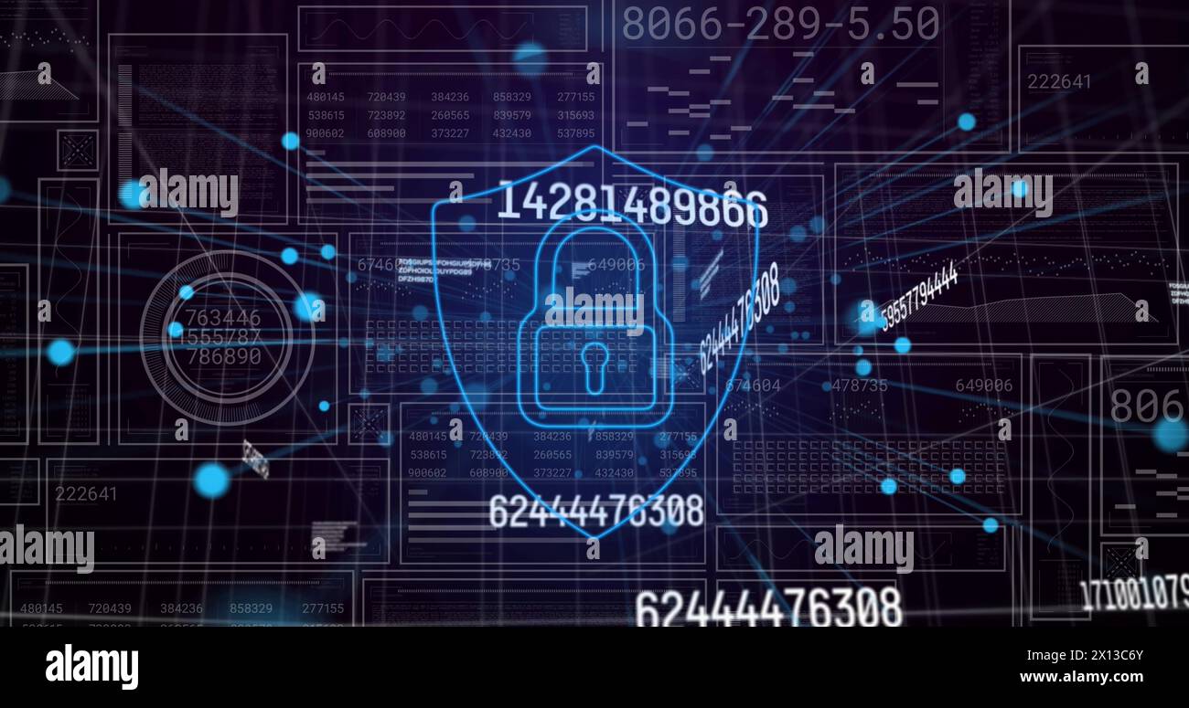 Image of changing numbers and security padlock icon against interface with data processing Stock ...