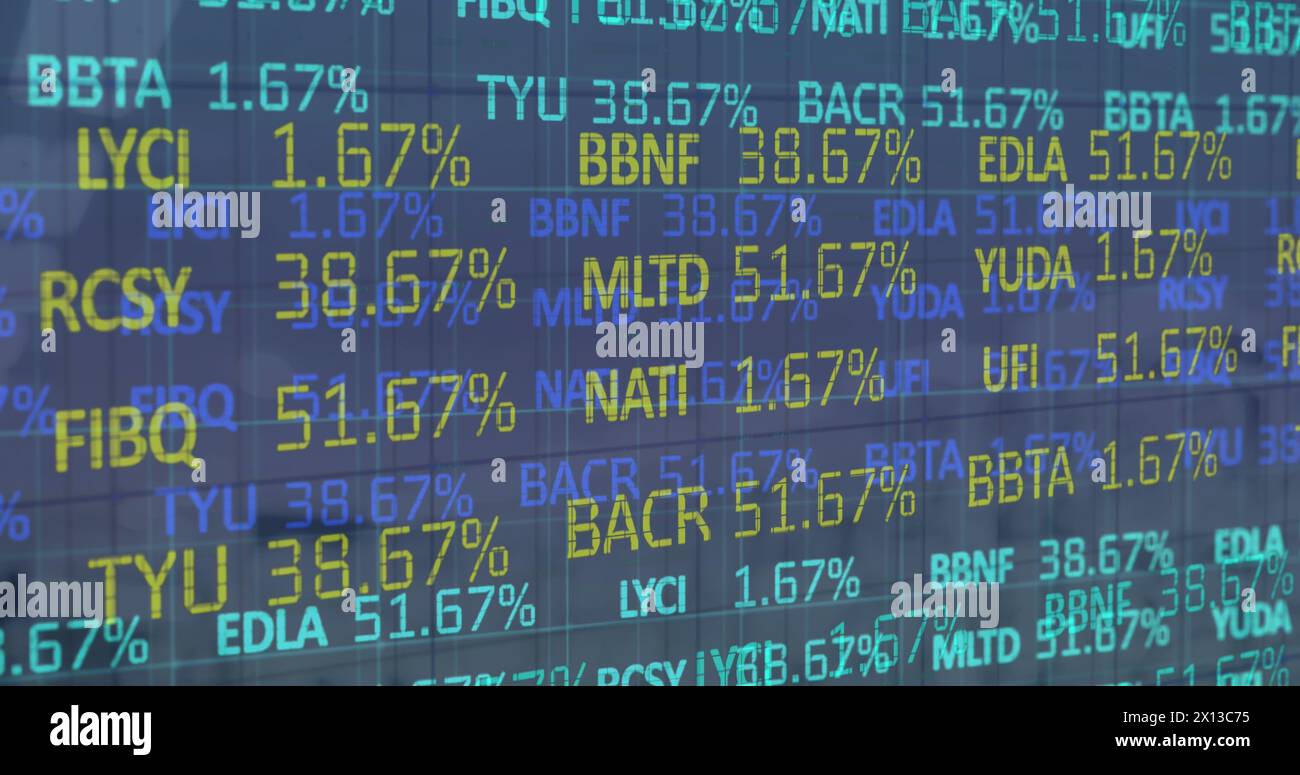 Image of stock market data processing against blue background Stock Photo - Alamy