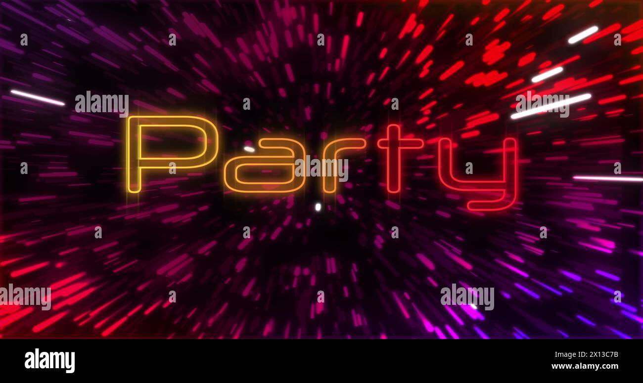 Image of party text over light trails on black background Stock Photo ...