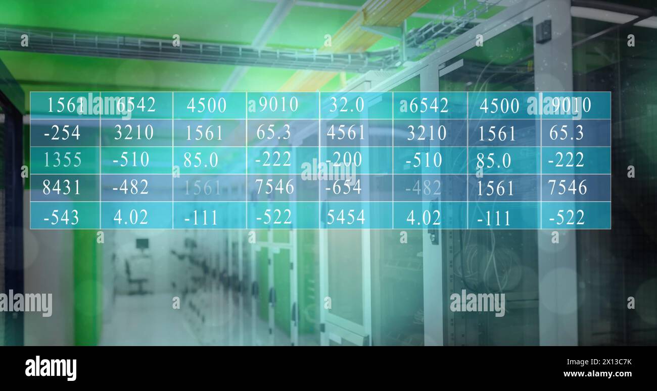 Image of statistical data processing and white spots against computer ...