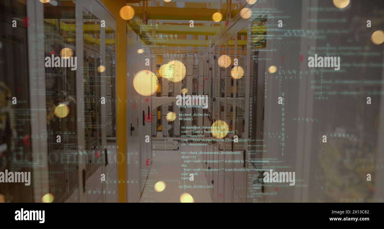 Image of data processing and yellow glowing spots falling against computer server room Stock ...