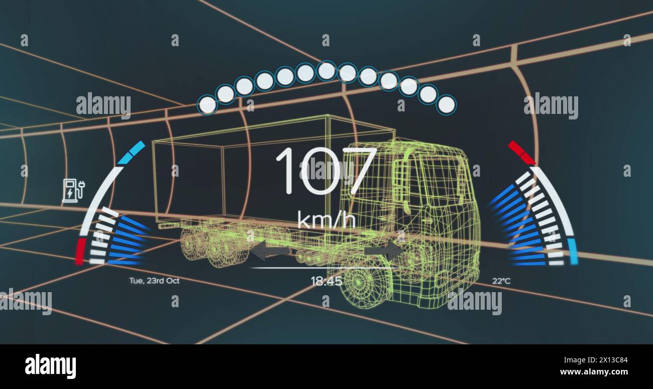 Image of digital car interface and data processing over 3d model of car ...