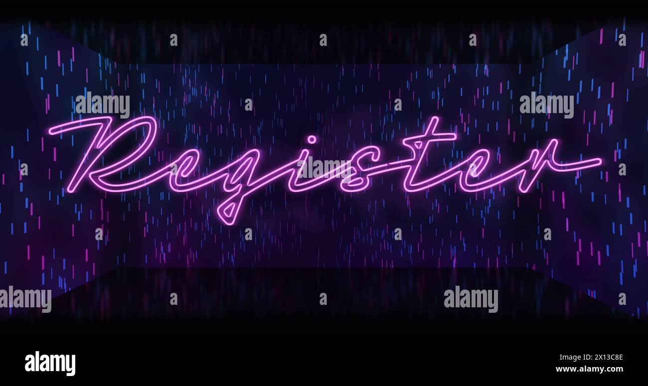 Image of register text over light trails on black background Stock ...
