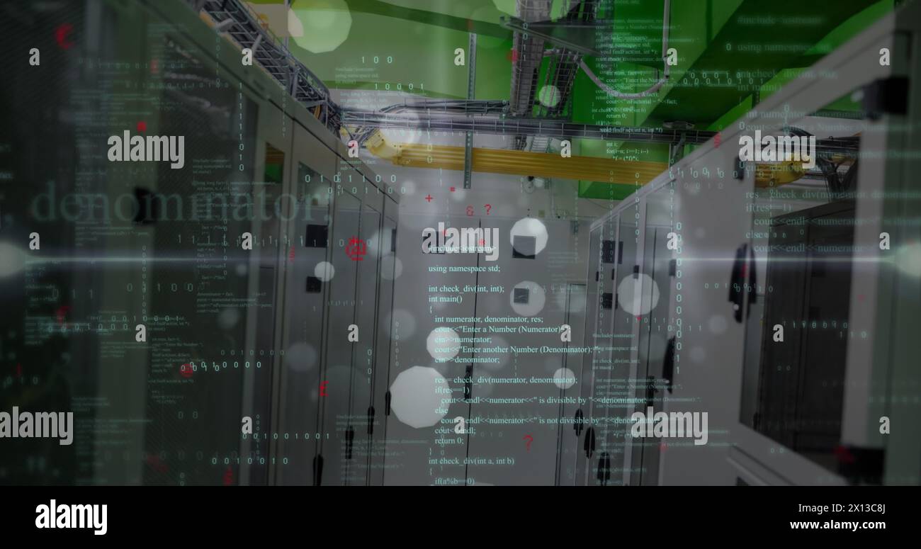 Image of data processing, symbols, white spots and light trails against computer server room ...