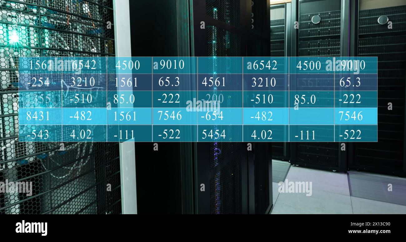 Image of statistical data processing against computer server room Stock Photo - Alamy